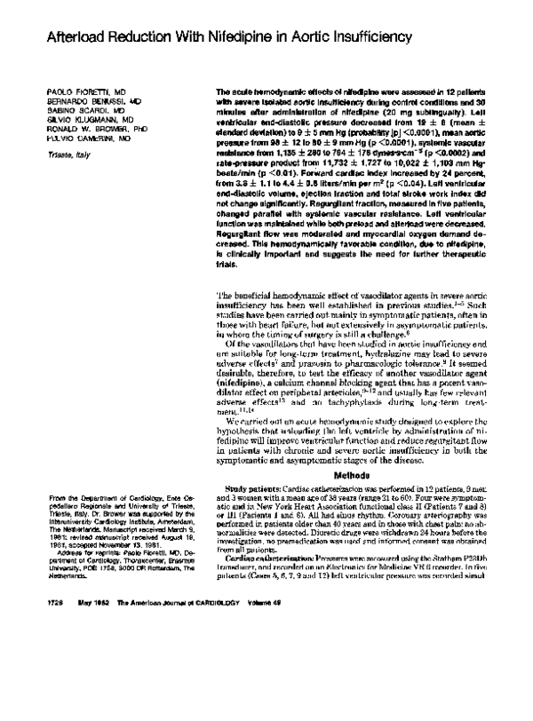 (PDF) Afterload reduction with nifedipine in aortic insufficiency