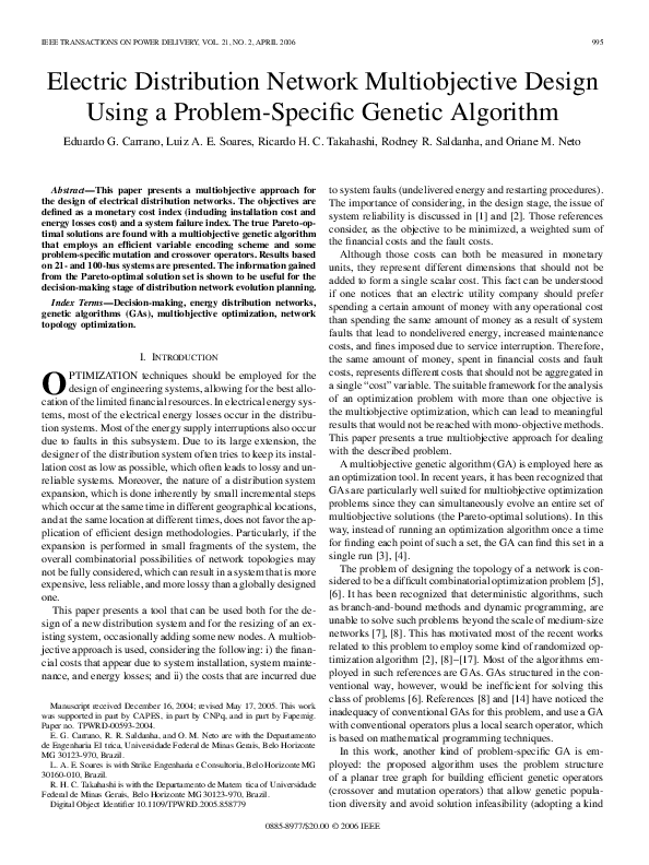 (PDF) Electric Distribution Network Multiobjective Design Using a Problem-Specific Genetic Algorithm