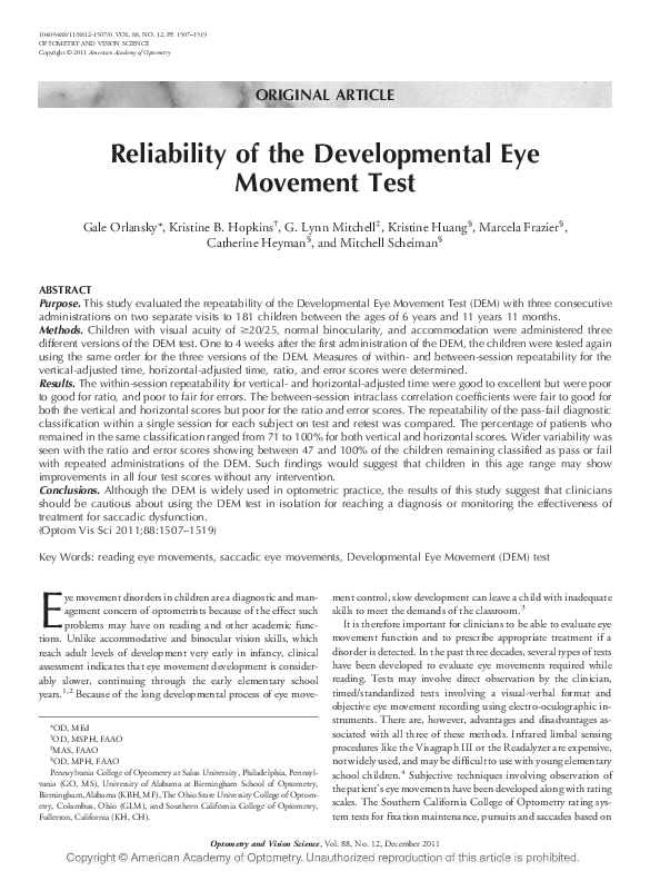 (PDF) Reliability of the Developmental Eye Movement Test