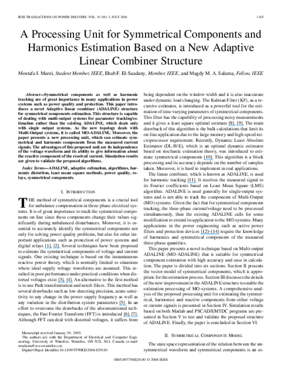 (PDF) MO-ADALINE for Symmetrical & Harmonic Estimation