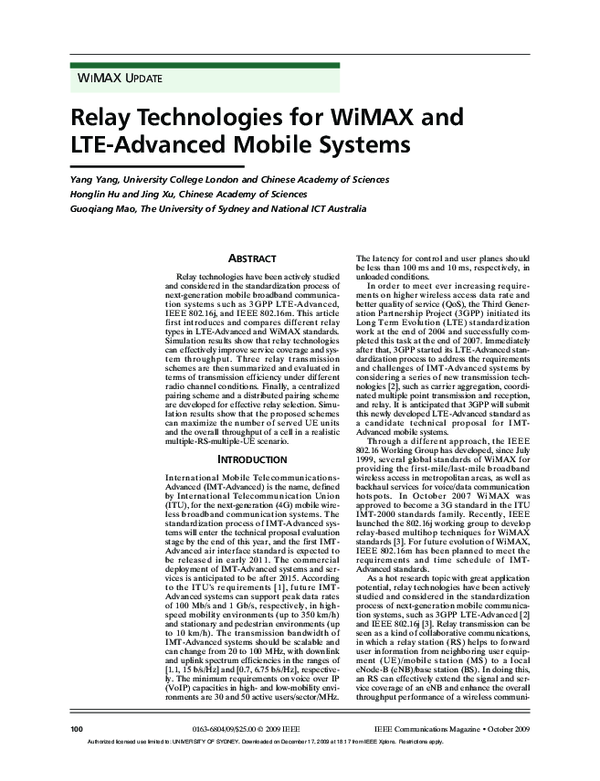(PDF) Relay technologies for WiMax and LTE-advanced mobile systems