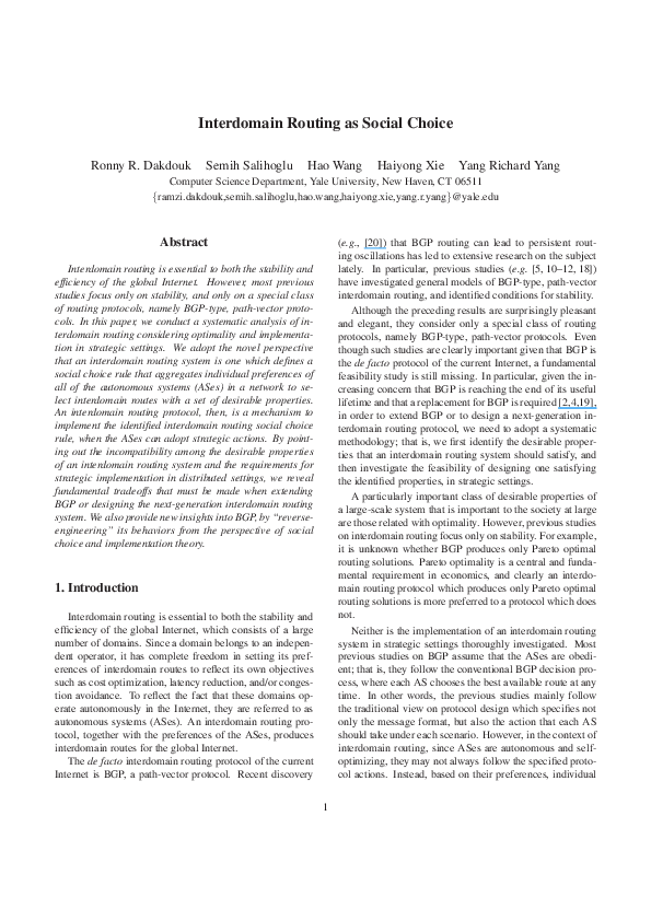 (PDF) Interdomain Routing as Social Choice