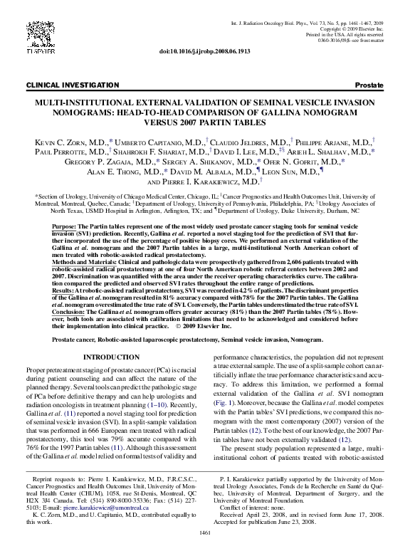 (PDF) MULTI-INSTITUTIONAL EXTERNALVALIDATION OF SEMINALVESICLE INVASION NOMOGRAMS: HEAD-TO-HEAD ...