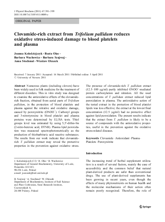 (PDF) Clovamide-rich extract from Trifolium pallidum reduces oxidative ...