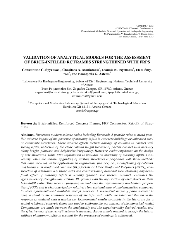 (PDF) Validation of Analytical Models for the Assessment of Brick-Infilled RC Frames ...