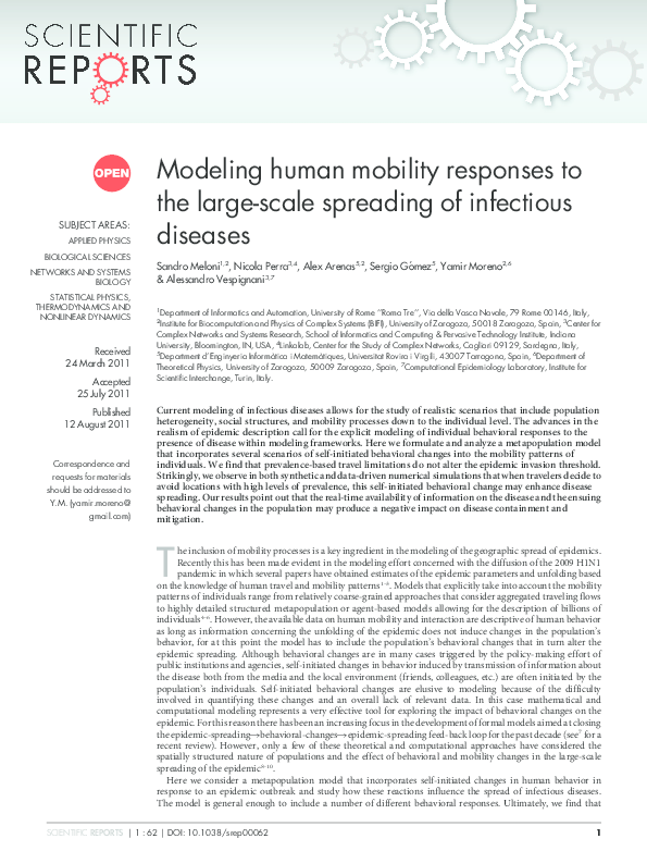 Pdf Modeling Human Mobility Responses To The Large Scale Spreading Of Infectious Diseases
