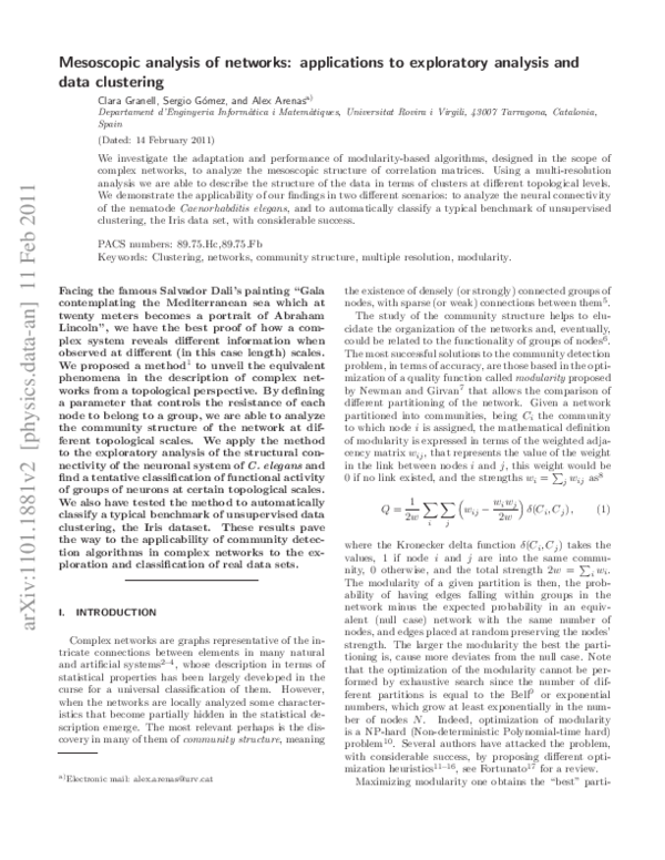Pdf Mesoscopic Analysis Of Networks Applications To Exploratory Analysis And Data Clustering