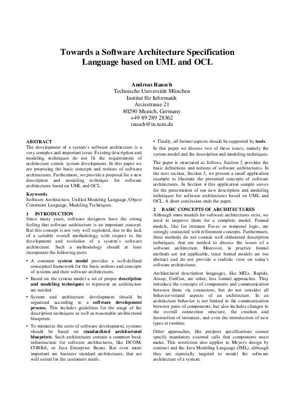 (PDF) Towards a software architecture specification language based on UML and OCL
