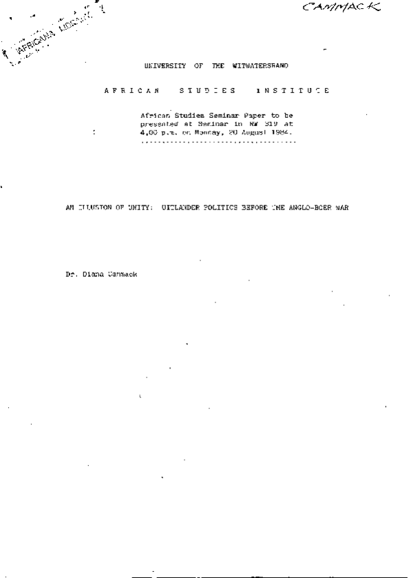 (PDF) An Illusion of Unity: Uitlander Politics Before the Anglo-Boer War