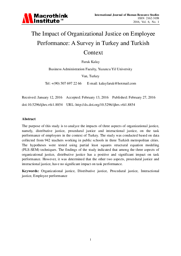 (PDF) The Impact of Organizational Justice on Employee Performance: A Survey in Turkey and ...