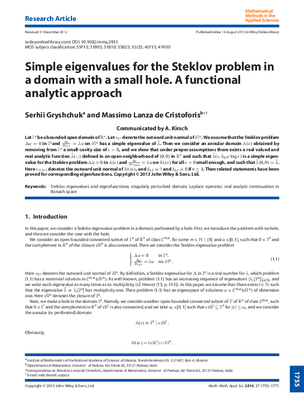 (PDF) Simple eigenvalues for the Steklov problem in a domain with a small hole. A functional ...