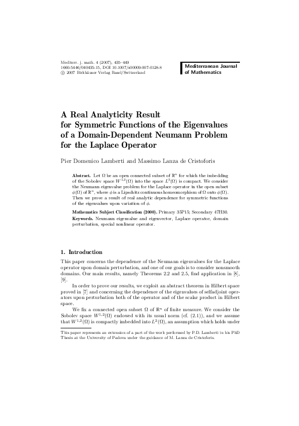 (PDF) A Real Analyticity Result for Symmetric Functions of the Eigenvalues of a Domain-Dependent ...