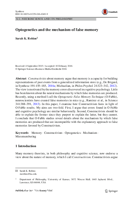 (PDF) Optogenetics and the Mechanism of False Memory
