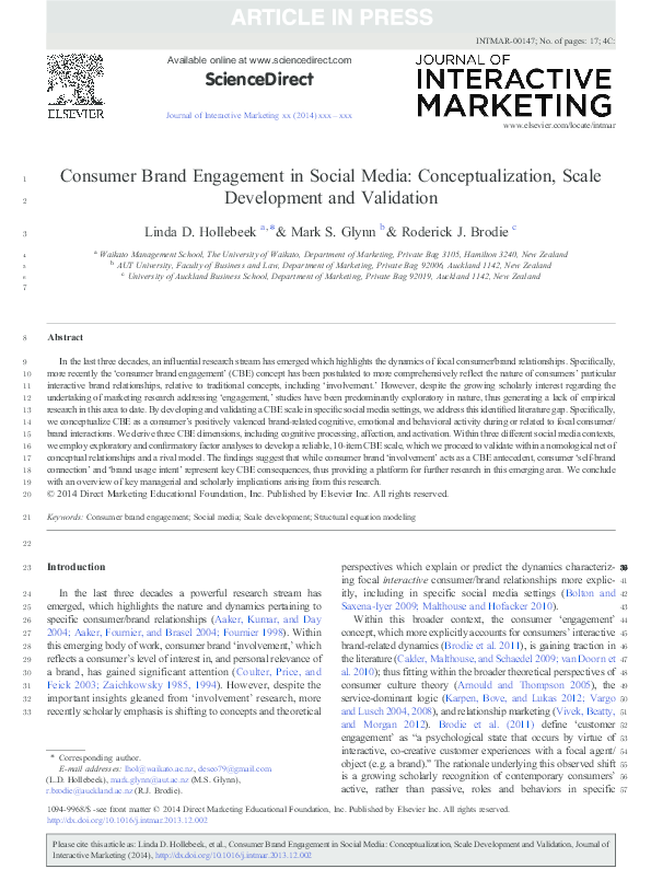 (PDF) Consumer Brand Engagement in Social Media: Conceptualization, Scale Development and Validation