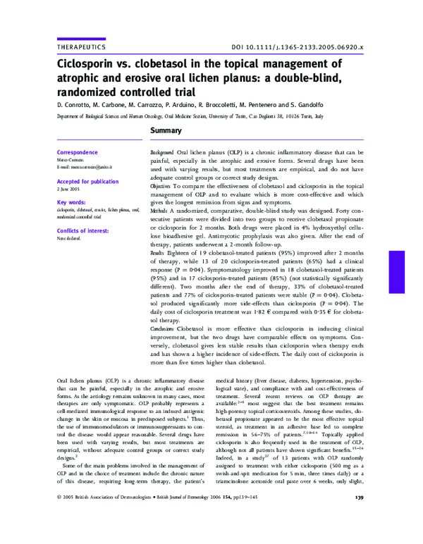 (PDF) Ciclosporin vs. clobetasol in the topical management of atrophic and erosive oral lichen ...