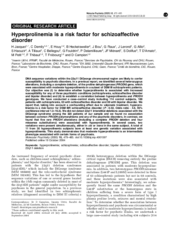 (PDF) Hyperprolinemia is a risk factor for schizoaffective disorder