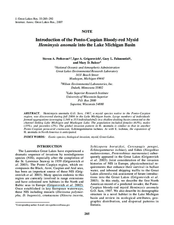 (PDF) Introduction of the Ponto-Caspian Bloody-red Mysid Hemimysis ...
