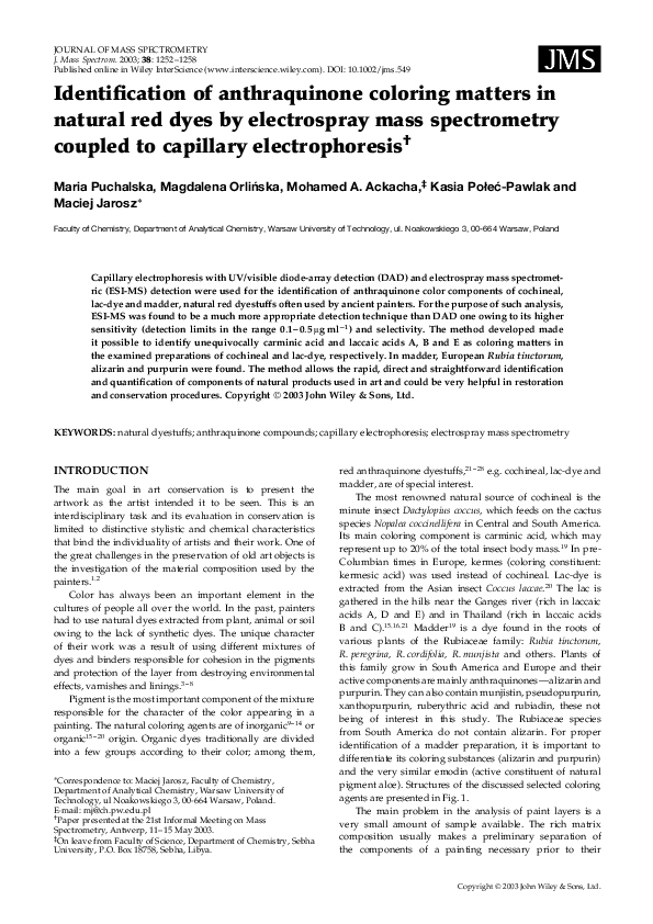 (PDF) Identification of anthraquinone coloring matters in natural red ...