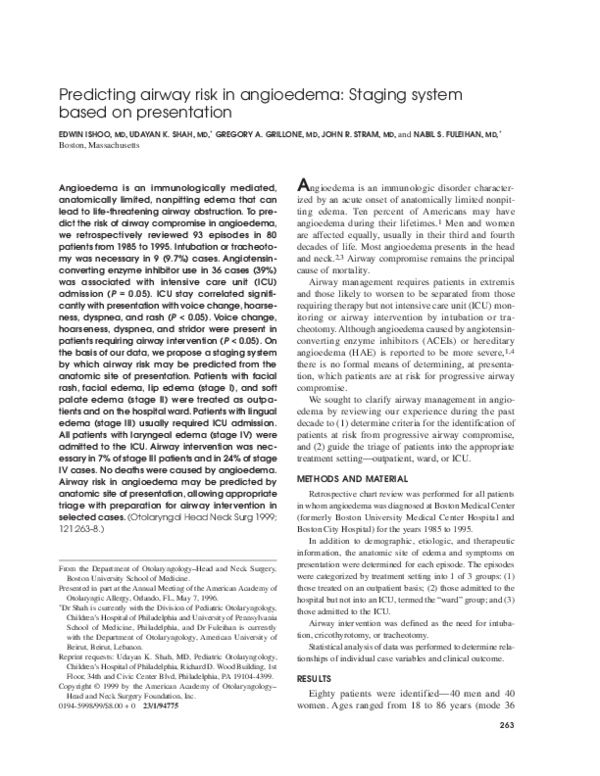 (PDF) Predicting airway risk in angioedema: Staging system based on ...