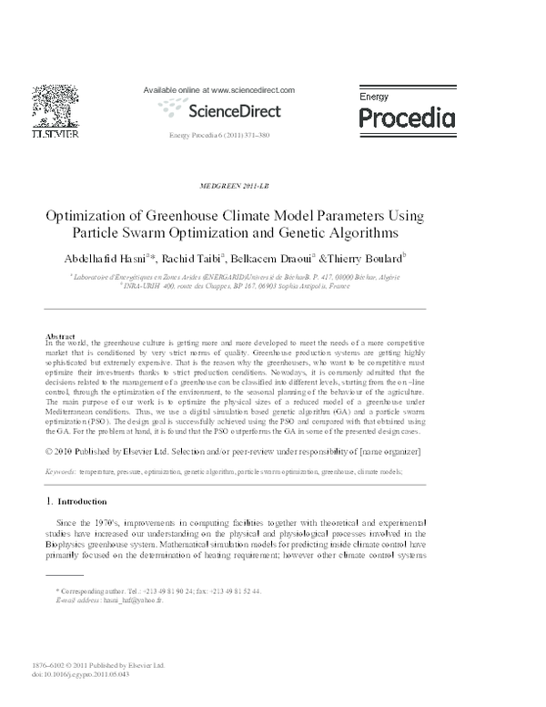 Pdf Optimization Of Greenhouse Climate Model Parameters Using Particle Swarm Optimization And