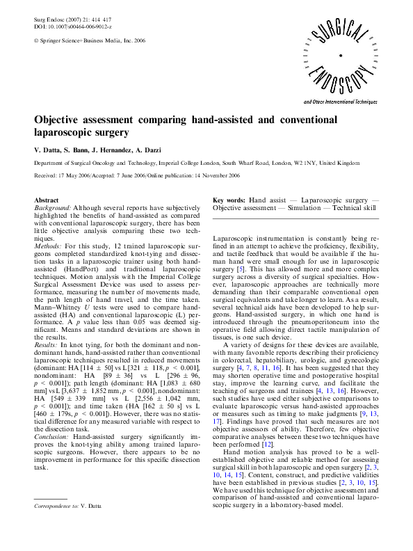 (PDF) Objective assessment comparing hand-assisted and conventional ...