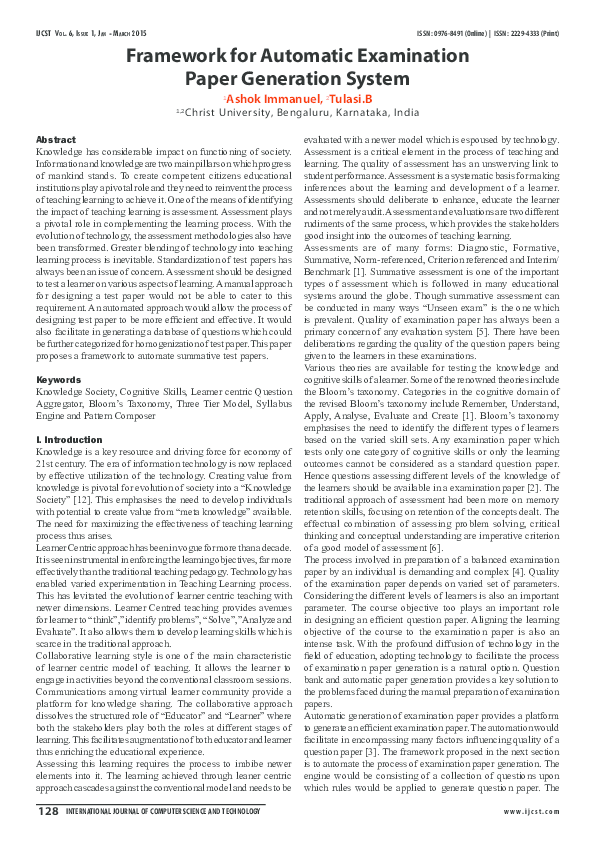(PDF) Framework for Automatic Examination Paper Generation System