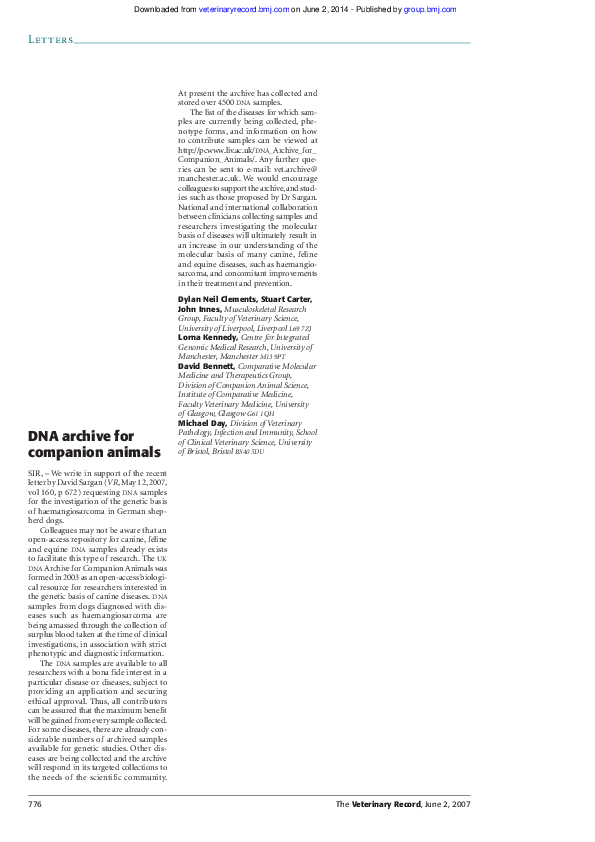 (PDF) DNA archive for companion animals