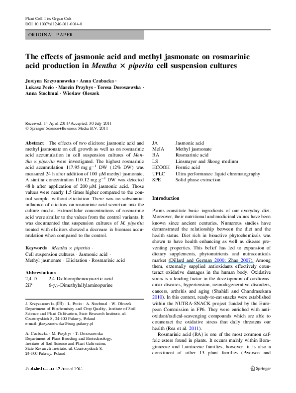 (PDF) The effects of jasmonic acid and methyl jasmonate on rosmarinic acid production in Mentha ...