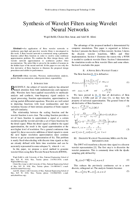 Pdf Synthesis Of Wavelet Filters Using Wavelet Neural Networks 6277
