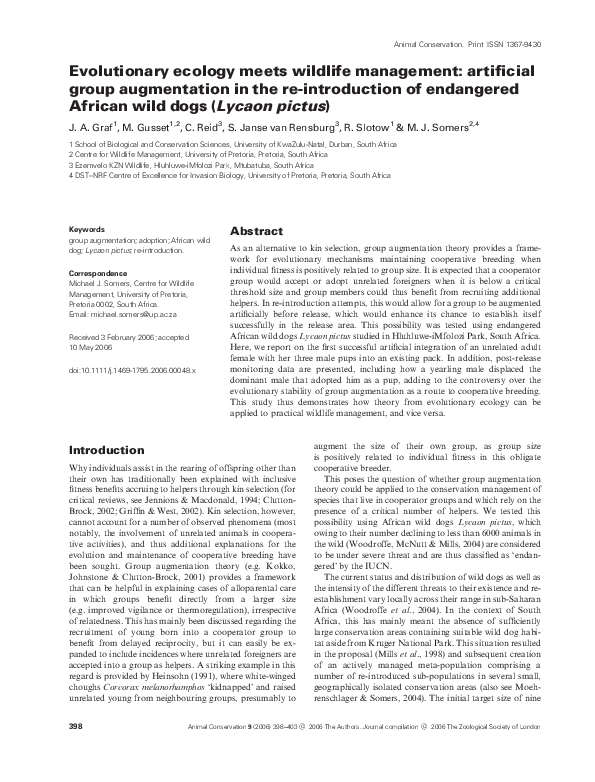 (PDF) Evolutionary ecology meets wildlife management: artificial group ...