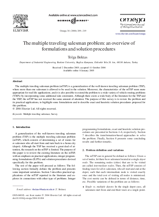 (PDF) The multiple traveling salesman problem: an overview of formulations and solution procedures