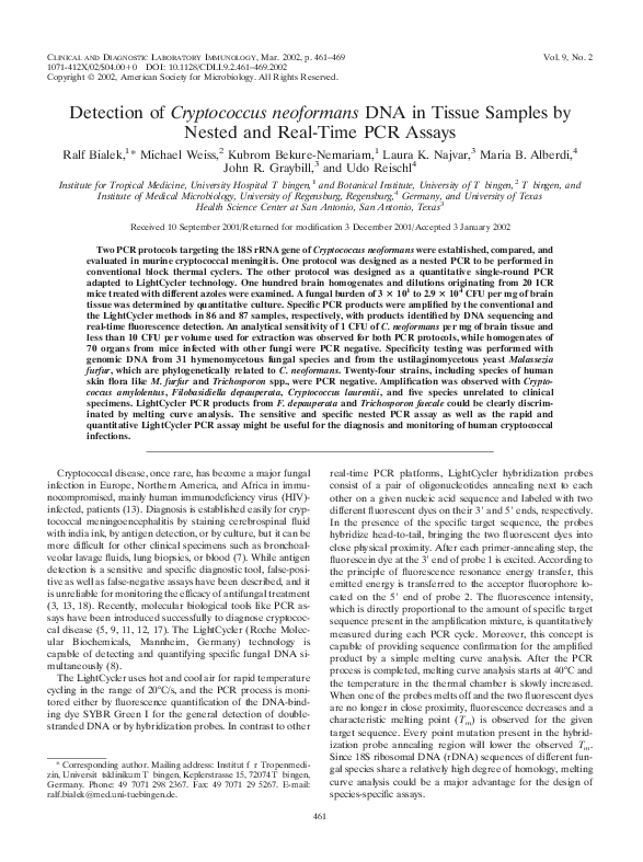 Pdf Detection Of Cryptococcus Neoformans Dna In Tissue Samples By Nested And Real Time Pcr Assays