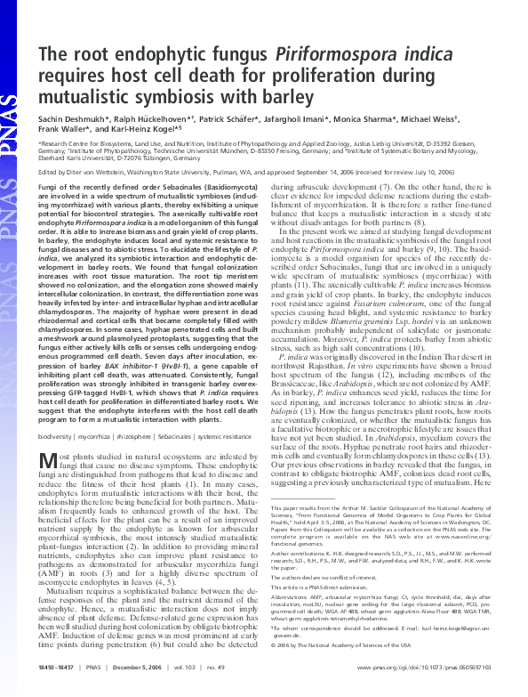 (PDF) The root endophytic fungus Piriformospora indica requires host cell death for ...