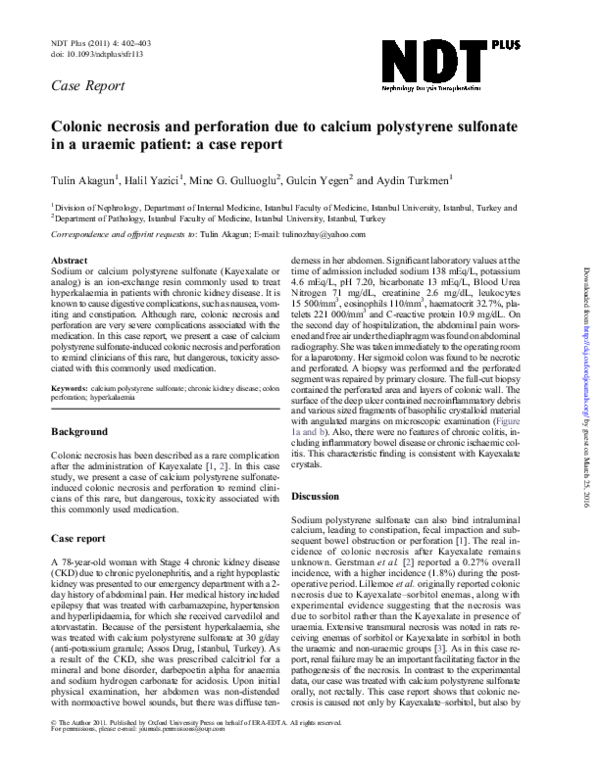 (PDF) Colonic necrosis and perforation due to calcium polystyrene sulfonate in a uraemic patient ...