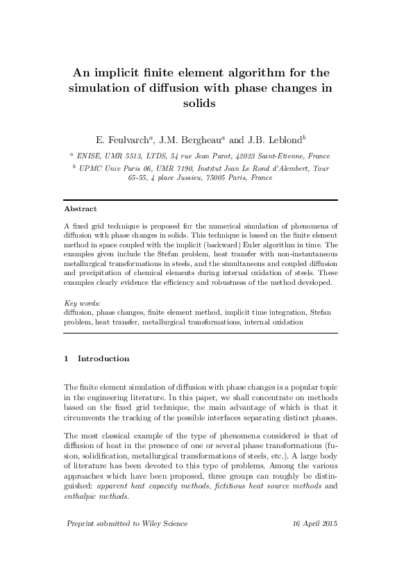 Pdf An Implicit Finite Element Algorithm For The Simulation Of