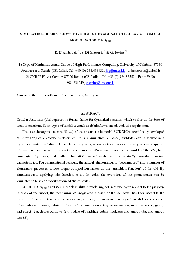 (PDF) Simulating debris flows through a hexagonal cellular automata model: SCIDDICA S 3–hex