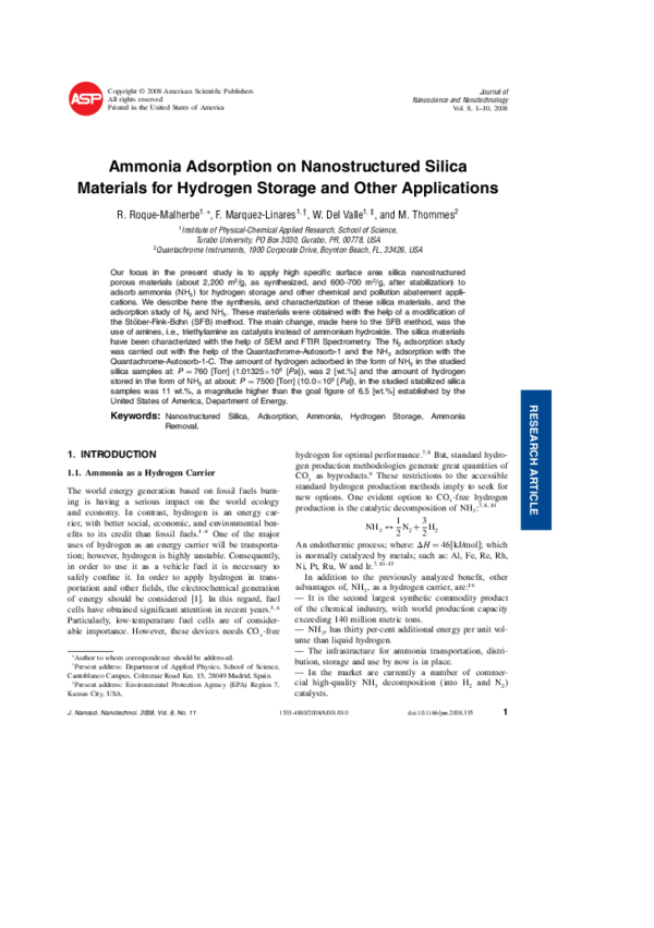 (PDF) NH3 Adsorption on Silica for Hydrogen Storage. Using the Stober ...