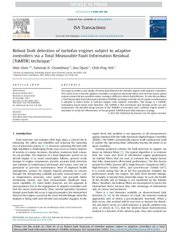 (PDF) Robust fault detection of turbofan engines subject to adaptive controllers via a Total ...