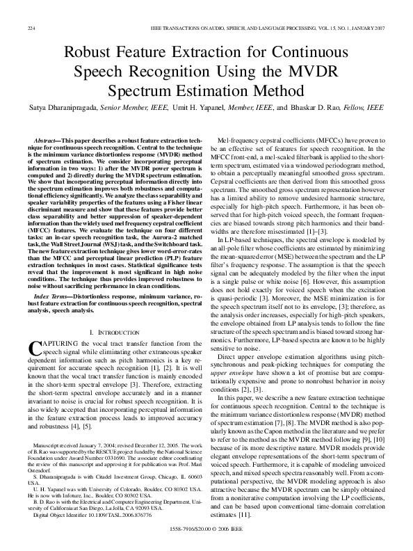 Pdf Robust Feature Extraction For Continuous Speech Recognition Using The Mvdr Spectrum