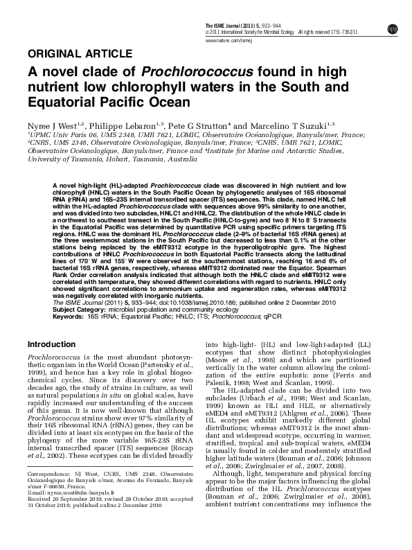 Pdf A Novel Clade Of Prochlorococcus Found In High Nutrient Low