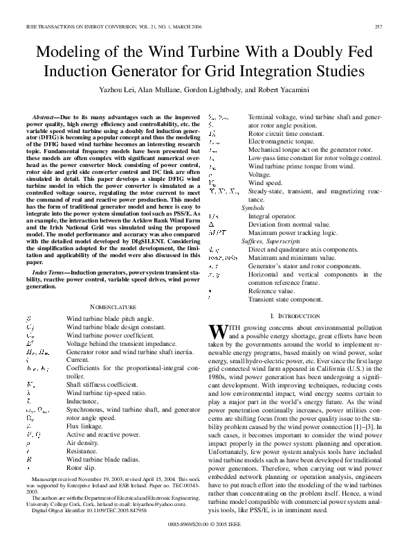 Pdf Modeling Of The Wind Turbine With A Doubly Fed Induction Generator For Grid Integration