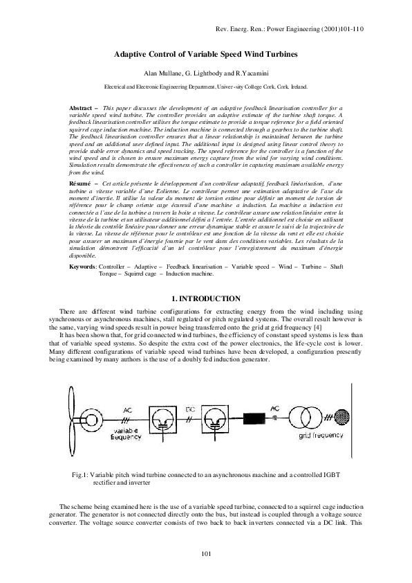 (PDF) Adaptive control of variable speed wind turbines