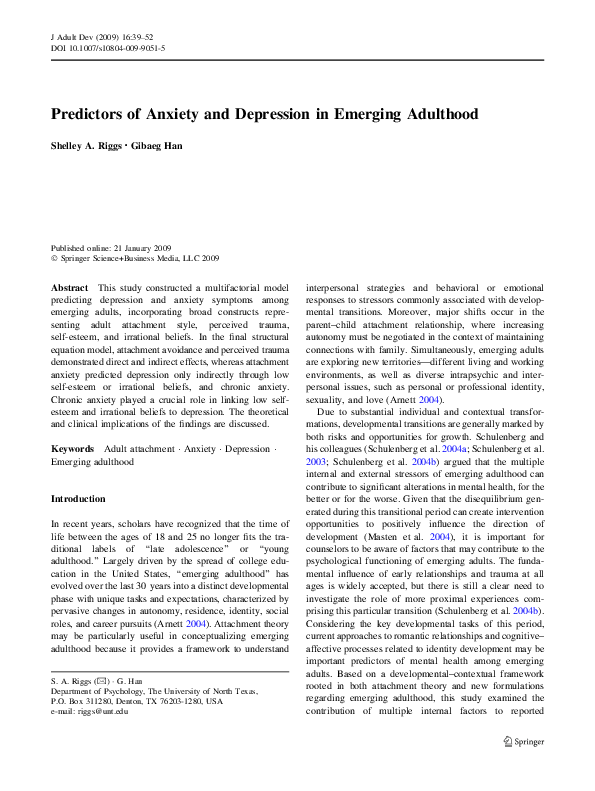 (PDF) Predictors of Anxiety and Depression in Emerging Adulthood
