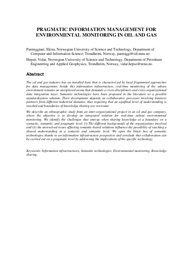 (PDF) Pragmatic Information Management For Environmental Monitoring In Oil And Gas