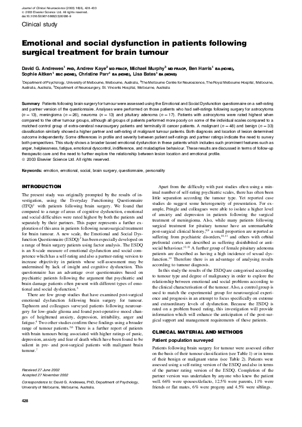 (PDF) Emotional and social dysfunction in patients following surgical ...