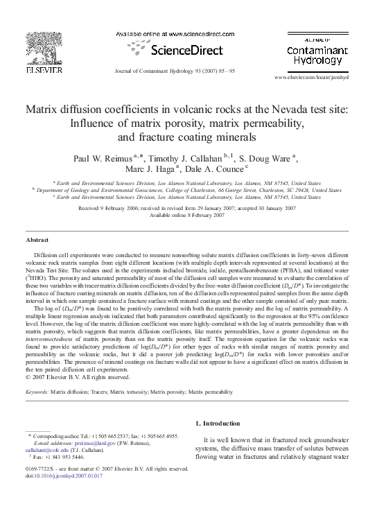 (PDF) Matrix diffusion coefficients in volcanic rocks at the Nevada ...