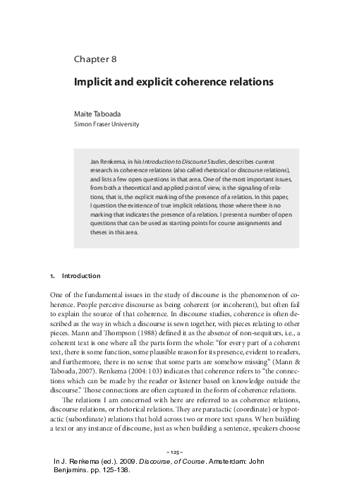 (PDF) Implicit and explicit coherence relations