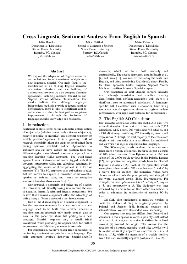 (PDF) Cross-linguistic sentiment analysis: From english to spanish