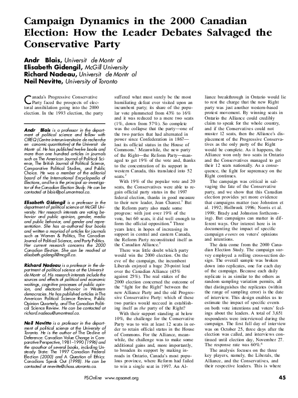 (PDF) Campaign Dynamics in the 2000 Canadian Election: How the Leader ...