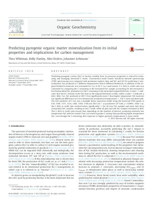 (PDF) Predicting pyrogenic organic matter mineralization from its initial properties and ...